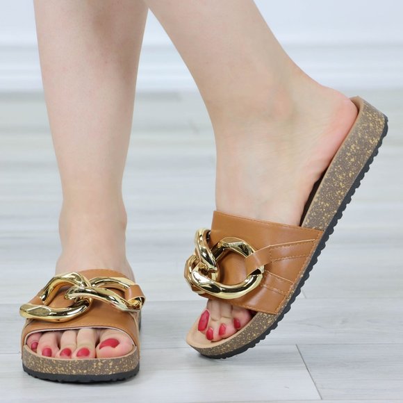 Shoes | Tan Flat Slip On Sliders Sandal Trendy Comfort Lightweight Gold ...